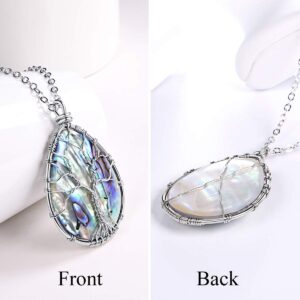 Long Necklaces for Women Abalone Necklaces Boho Jewelry Stainless Steel Tree of Life Wire Wrapped Light Blue Teardrop Abalone Shell Pendant 29.5+2Inch