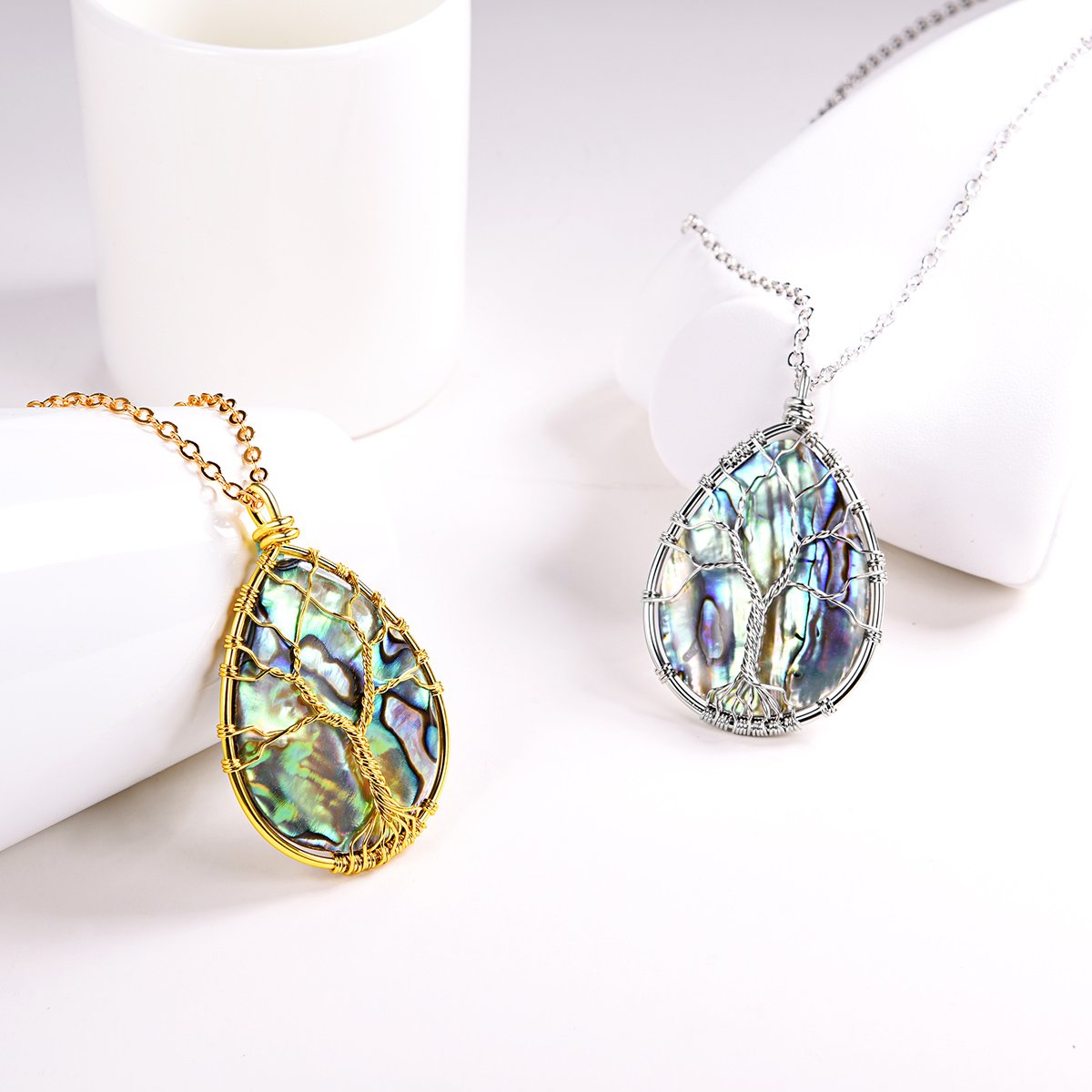 Long Necklaces for Women Abalone Necklaces Boho Jewelry Stainless Steel Tree of Life Wire Wrapped Light Blue Teardrop Abalone Shell Pendant 29.5+2Inch