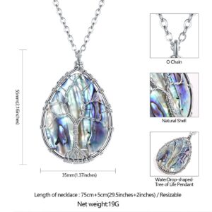 Long Necklaces for Women Abalone Necklaces Boho Jewelry Stainless Steel Tree of Life Wire Wrapped Light Blue Teardrop Abalone Shell Pendant 29.5+2Inch