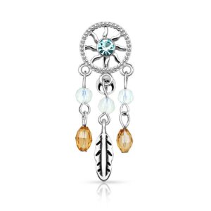 pierced owl 14ga 316l stainless steel center cz crystal dream catcher dangling reverse belly button ring (aqua)