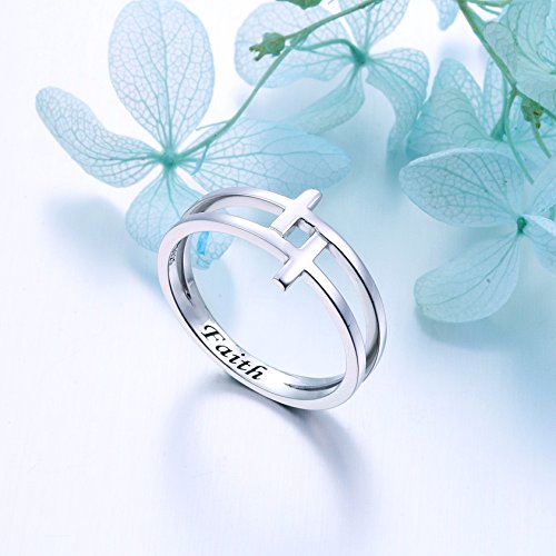 Inspirational Jewelry Sterling Silver Engraved Faith Double Cross Ring Christian Fashion Wedding Engagement Band, Size 6-8 (8)