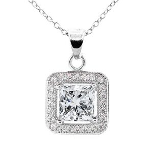 cate & chloe ivy 18k white gold plated princess cut halo pendant necklace - silver halo necklace w/solitaire square cut cubic zirconia diamond - wedding anniversary