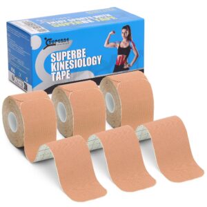 superbe k athletic tape, kinesiology tape precut - premium kinesthetic tape for muscles knee shoulder elbow, 2 inch x 16.5 feet (3 rolls pack)