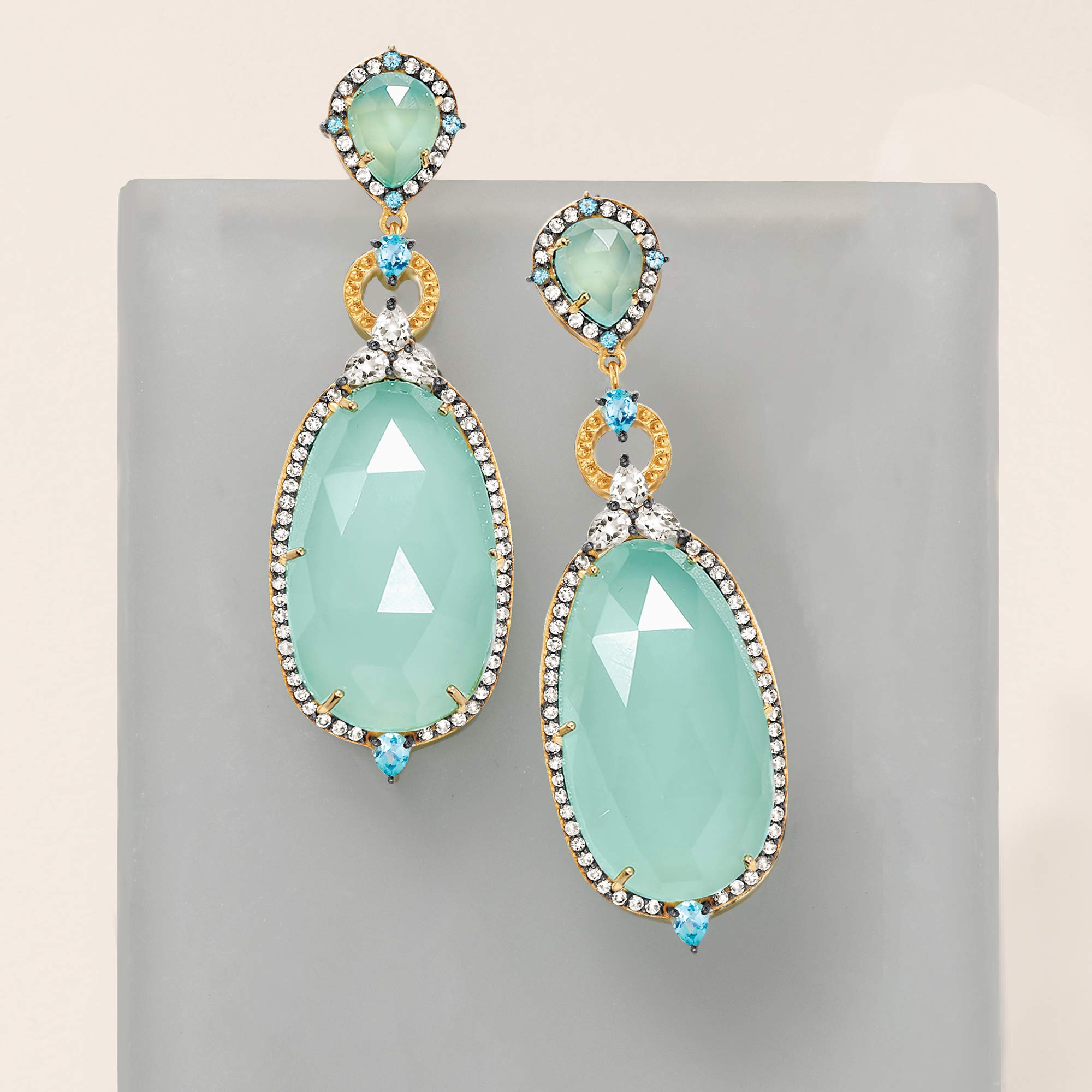 Ross-Simons Aqua Chalcedony and 2.60 ct. t.w. Blue and White Topaz Drop Earrings in 18kt Gold Over Sterling