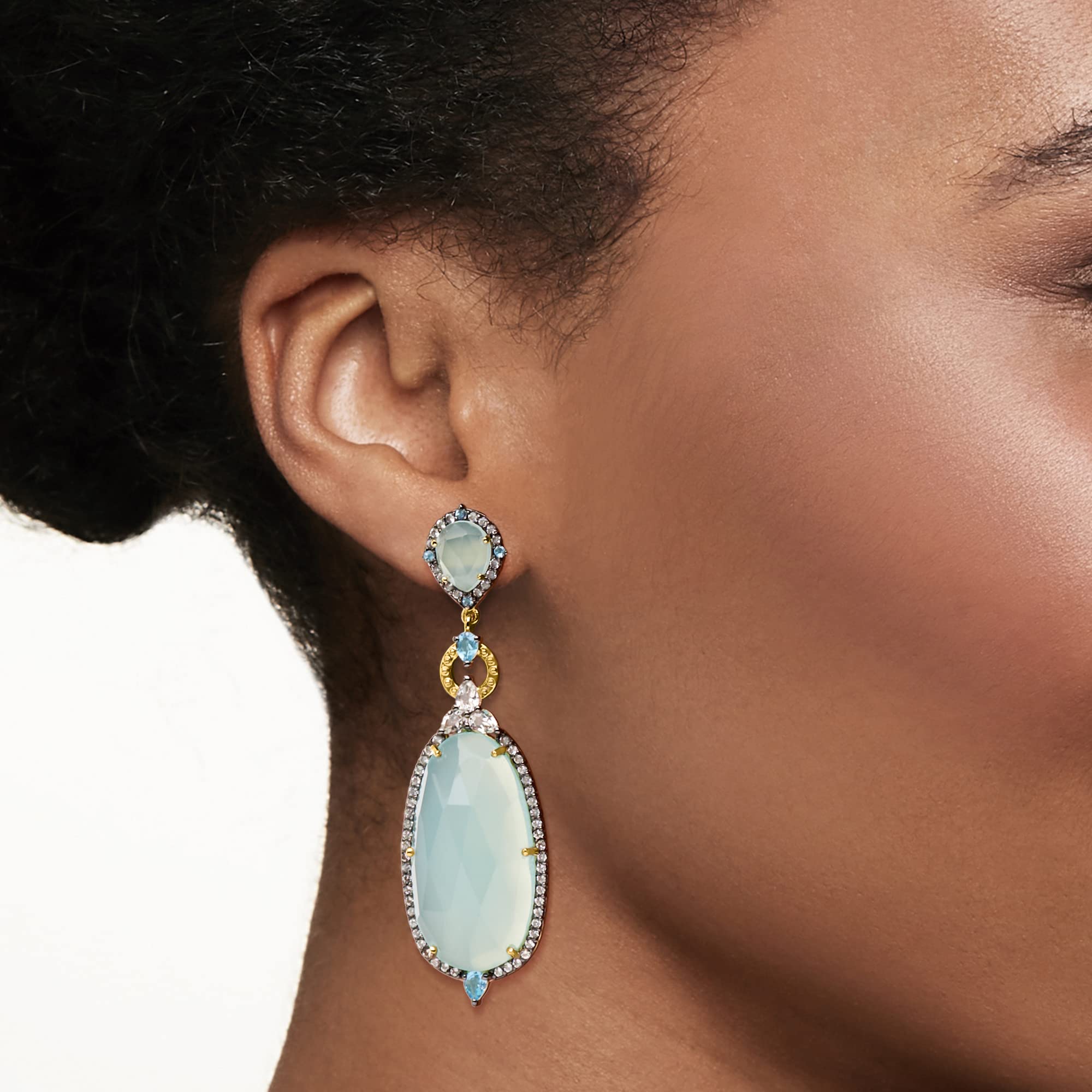 Ross-Simons Aqua Chalcedony and 2.60 ct. t.w. Blue and White Topaz Drop Earrings in 18kt Gold Over Sterling