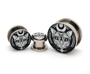 mystic metals body jewelry screw on spiritual cat picture plugs - sold as a pair (0g (8mm))