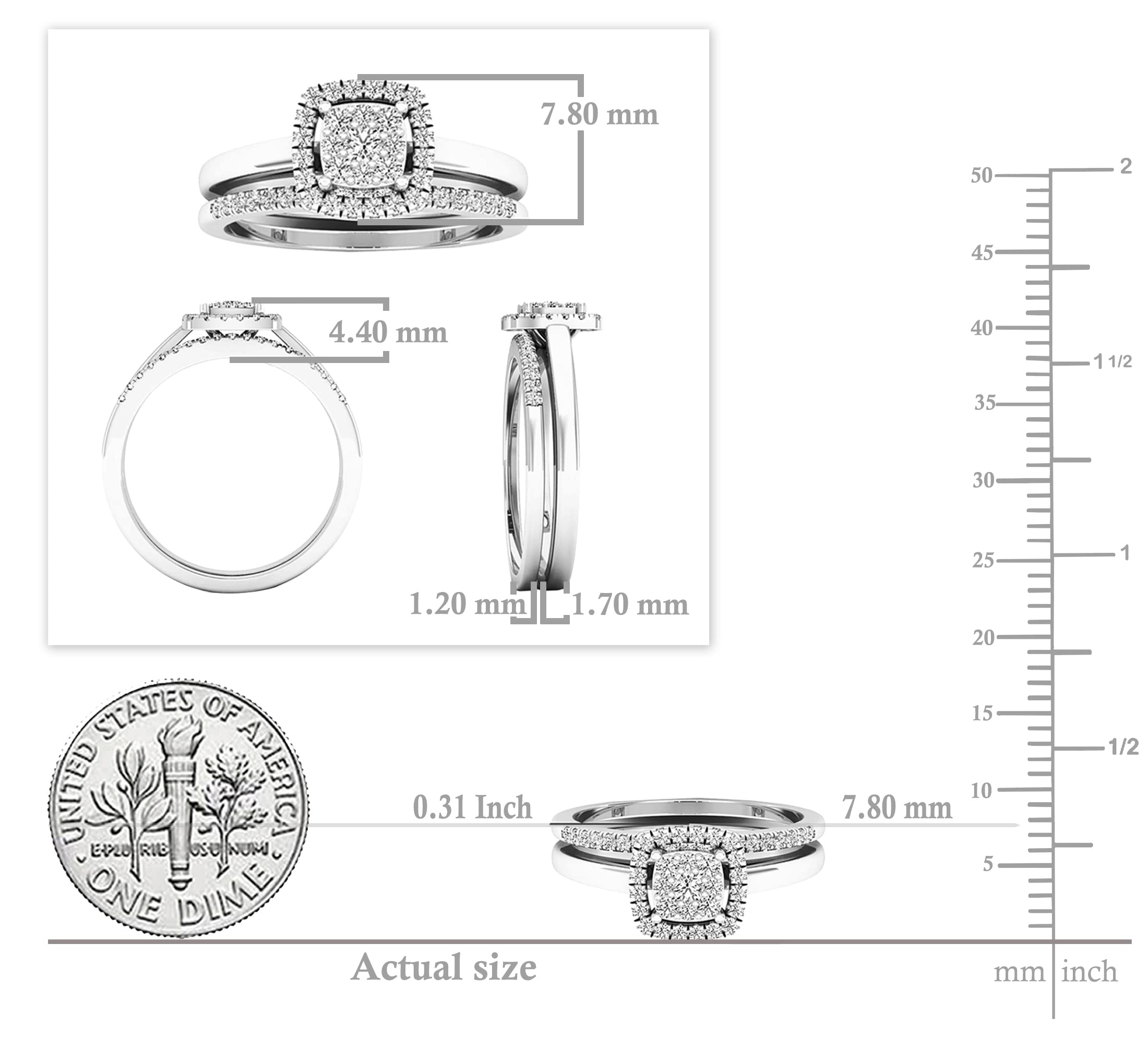 Dazzlingrock Collection 0.30 Carat Round White Diamond Square Cluster Wedding Ring Set for Her in 10K White Gold Size 7