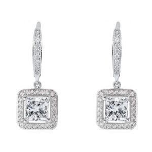 cate & chloe ivy 18k white gold dangle earrings | princess cut cubic zirconia earrings, women's drop & dangle earrings, halo silver earring set, hypoallergenic earrings fashion jewelry