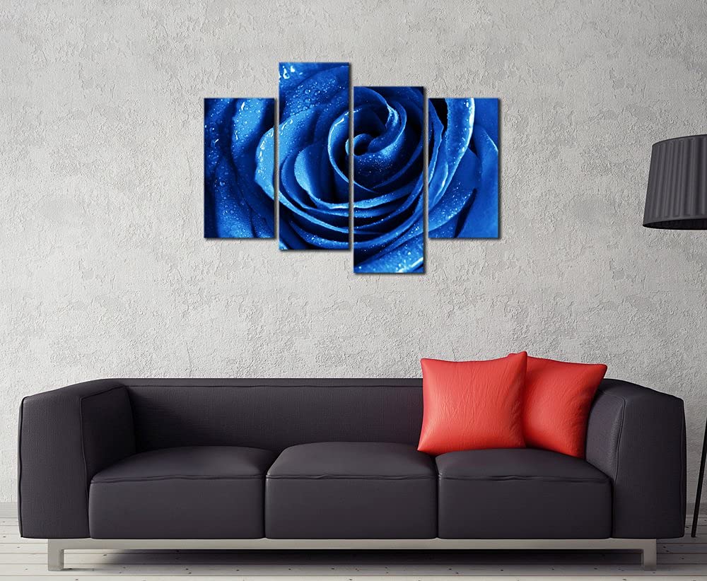 Wieco Art Blue Rose with Dew Canvas Wall Art Abstract Romantic Flower Pictures Paintings Wall Art for Living Room Bedroom Decorations Wall Decor Large 4 Panels Modern Canvas Prints Artwork