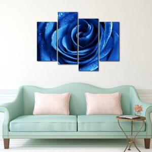 Wieco Art Blue Rose with Dew Canvas Wall Art Abstract Romantic Flower Pictures Paintings Wall Art for Living Room Bedroom Decorations Wall Decor Large 4 Panels Modern Canvas Prints Artwork