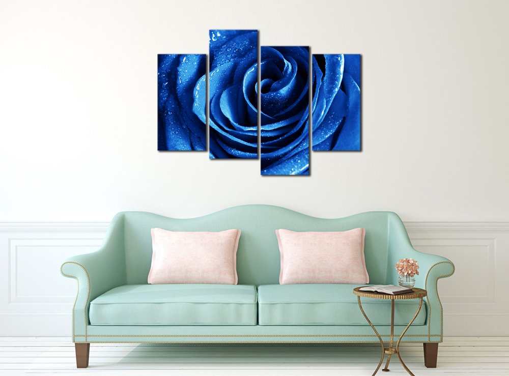 Wieco Art Blue Rose with Dew Canvas Wall Art Abstract Romantic Flower Pictures Paintings Wall Art for Living Room Bedroom Decorations Wall Decor Large 4 Panels Modern Canvas Prints Artwork