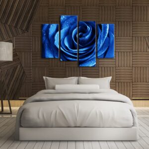 Wieco Art Blue Rose with Dew Canvas Wall Art Abstract Romantic Flower Pictures Paintings Wall Art for Living Room Bedroom Decorations Wall Decor Large 4 Panels Modern Canvas Prints Artwork