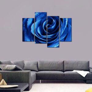 Wieco Art Blue Rose with Dew Canvas Wall Art Abstract Romantic Flower Pictures Paintings Wall Art for Living Room Bedroom Decorations Wall Decor Large 4 Panels Modern Canvas Prints Artwork