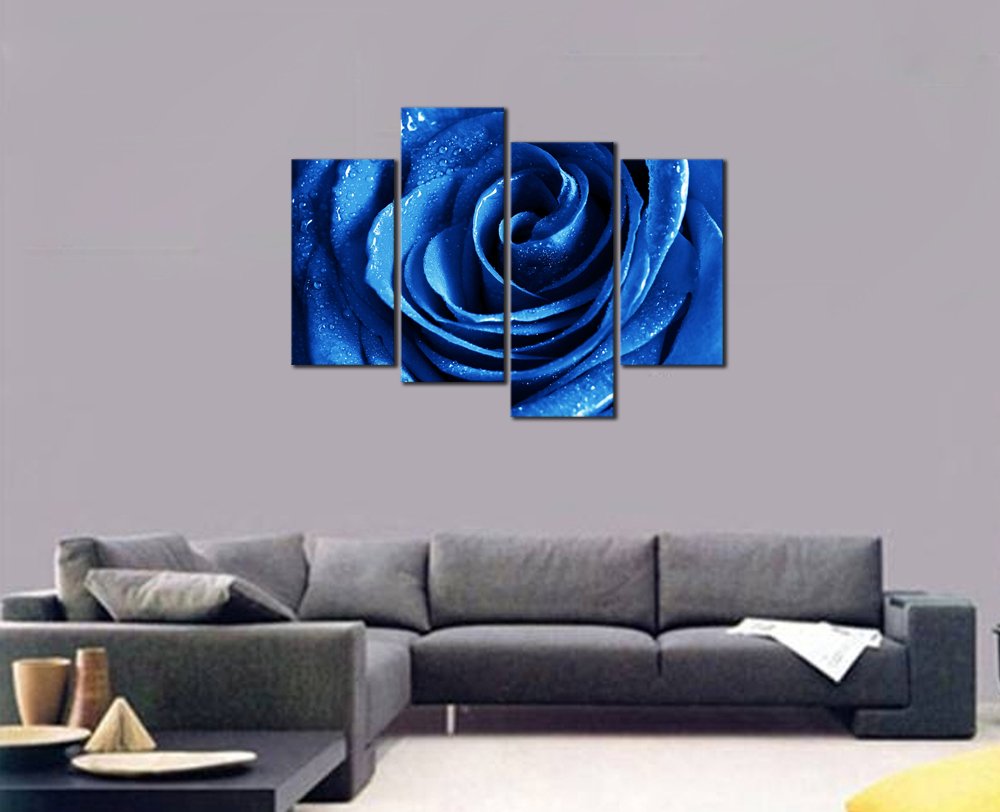 Wieco Art Blue Rose with Dew Canvas Wall Art Abstract Romantic Flower Pictures Paintings Wall Art for Living Room Bedroom Decorations Wall Decor Large 4 Panels Modern Canvas Prints Artwork