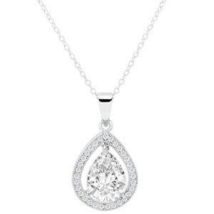 cate & chloe isabel 18k white gold plated pendant necklace | silver halo cz necklace for women | teardrop pendant with cubic zirconia crystals, fashion jewelry for women, gift for her