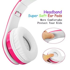 Kids Bluetooth Headphones 85db/110db Volume Limit Wireless/Wired Aux Port Foldable Noise Protection Over-Ear Build-in Mic Headphones for Kids Adults Travel School Phone Pad Tablet PC Pink