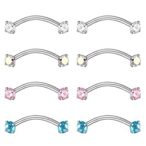 zs 8pcs 16g stainless steel cubic zirconia curved barbell eyebrow ring daith earring rook piercing (round, barbell length:5/16"(8mm))