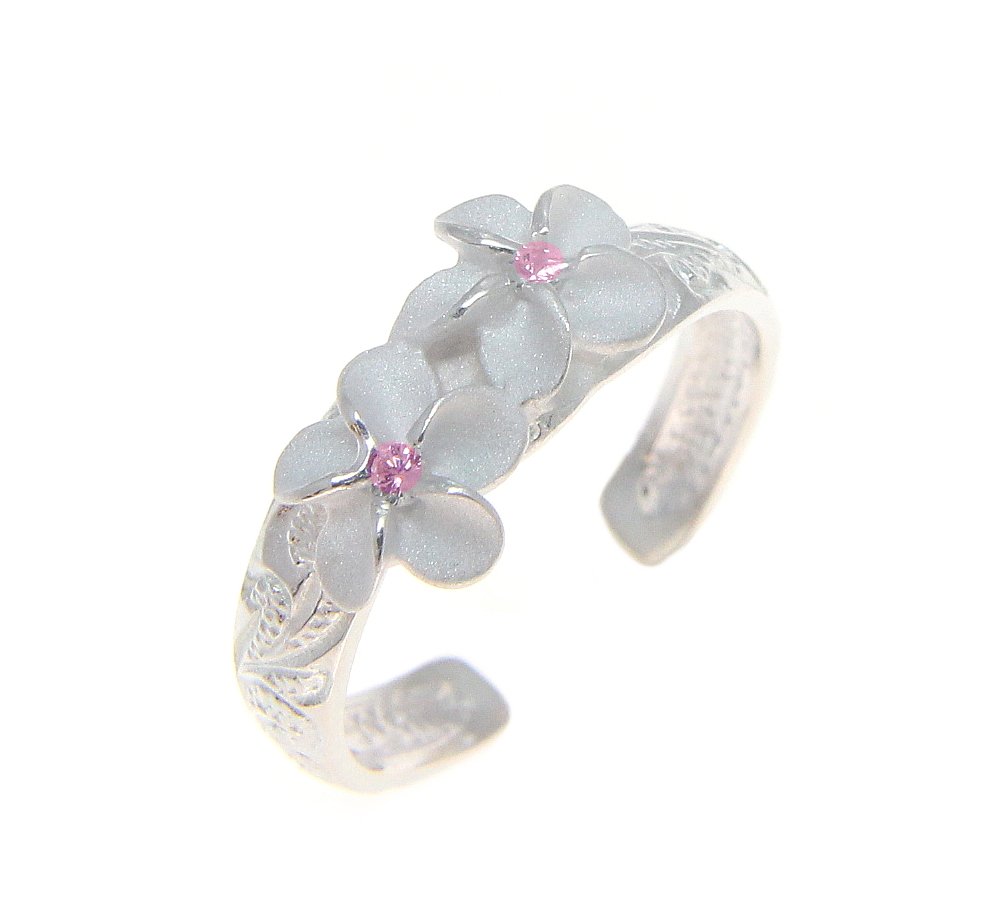 Arthur's Jewelry 925 sterling silver Hawaiian 2 plumeria flower scroll pink cz toe ring