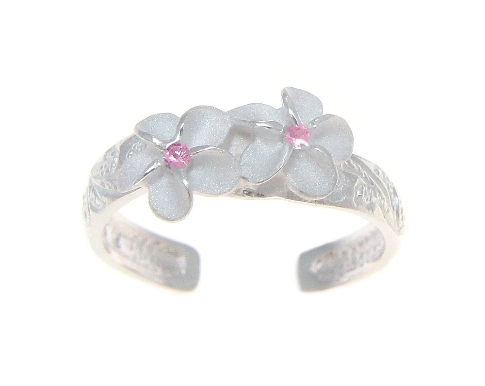 Arthur's Jewelry 925 sterling silver Hawaiian 2 plumeria flower scroll pink cz toe ring