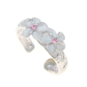 Arthur's Jewelry 925 sterling silver Hawaiian 2 plumeria flower scroll pink cz toe ring