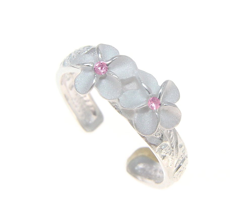 Arthur's Jewelry 925 sterling silver Hawaiian 2 plumeria flower scroll pink cz toe ring