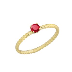 dainty 10k yellow gold stackable ruby solitaire rope engagement/promise ring (size 8)