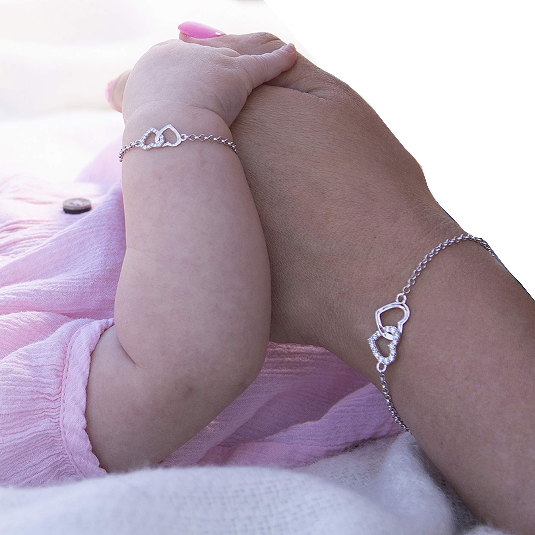 Sterling Silver Mom and Me Double Heart Bracelet Set for Mom and Daughter (Set-MED)