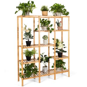 costway plant stand indoor, bamboo utility shelf with storage organizer pots, wood outdoor tiered plant shelf for multiple plants, for window, garden, balcony, living room