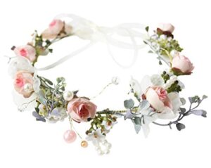 vivivalue pearl flower crown floral garland headband flower halo headpiece hair wreath boho with ribbon party wedding festival photos pink