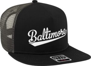 nofo clothing co baltimore script baseball font snapback trucker hat, black/charcoal grey