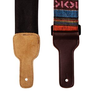 MUSIC FIRST Original Design, 2 inch width (5cm), Classic Country Style Yarn-dyed fabric & Genuine Leather Guitar Strap Electric Guitar strap