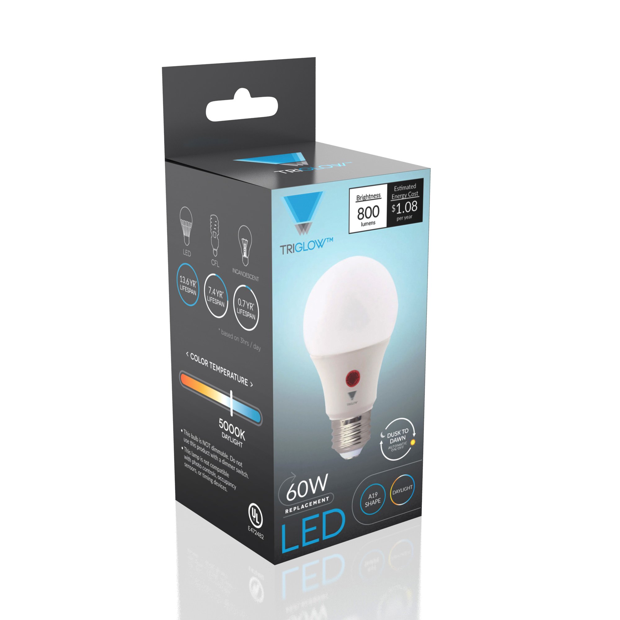 Triglow T95203-6 LED Dusk-to-Dawn A19 Bulb, 9W (60W Equivalent) 800 Lumen, Non-Dimmable, Daylight 5000K, Dusk-to-Dawn LED Bulbs, 6-Pack