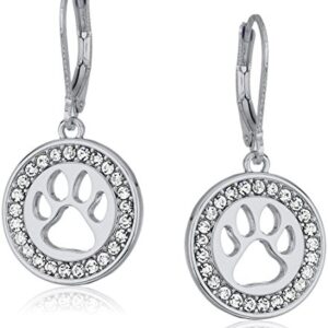 Pet Friends Silvertone and Crystal Paw Leverback Drop Earrings, Silver