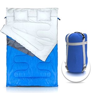 ntk kuple double 2 in 1 sleeping bag with 2 pillows and a carrying bag with compressor straps for camping, backpacking, hiking. (blue)