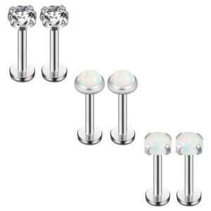 ruifan 4mm white opal & clear cz internally threaded stainless steel labret monroe lip ring tragus helix earring stud 16g 1/4" 6mm 6pcs