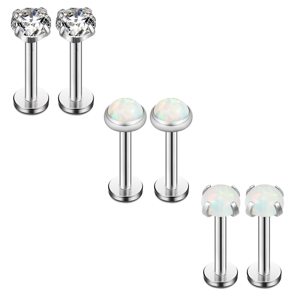 Ruifan 4mm White Opal & Clear CZ Internally Threaded Stainless Steel Labret Monroe Lip Ring Tragus Helix Earring Stud 16G 1/4" 6mm 6PCS