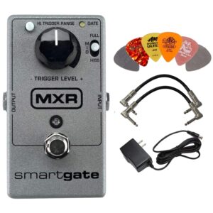 mxr m135 smart gate noise gate effects pedal bundle with ac/dc adapter power supply for 9 volt dc 1000ma, 2 metal-ended guitar patch cables and 6 dunlop guitar picks