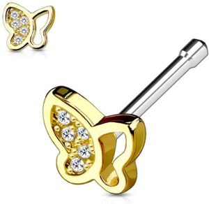 covet jewelry hollow half paved cz butterfly top 316l surgical steel nose bone stud rings (gold/clear)