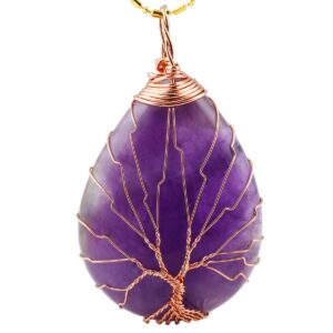 tumbeelluwa tree of life pendant necklace, teardrop shape healing crystals jewelry for women,amethyst