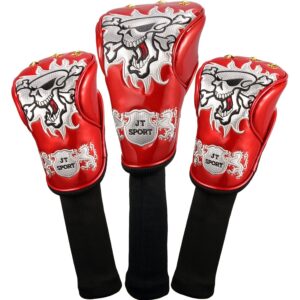 gooaction 3pcs/set skull golf head covers for driver and fairway woods red thick crystal leather universal golf club headcovers protectors