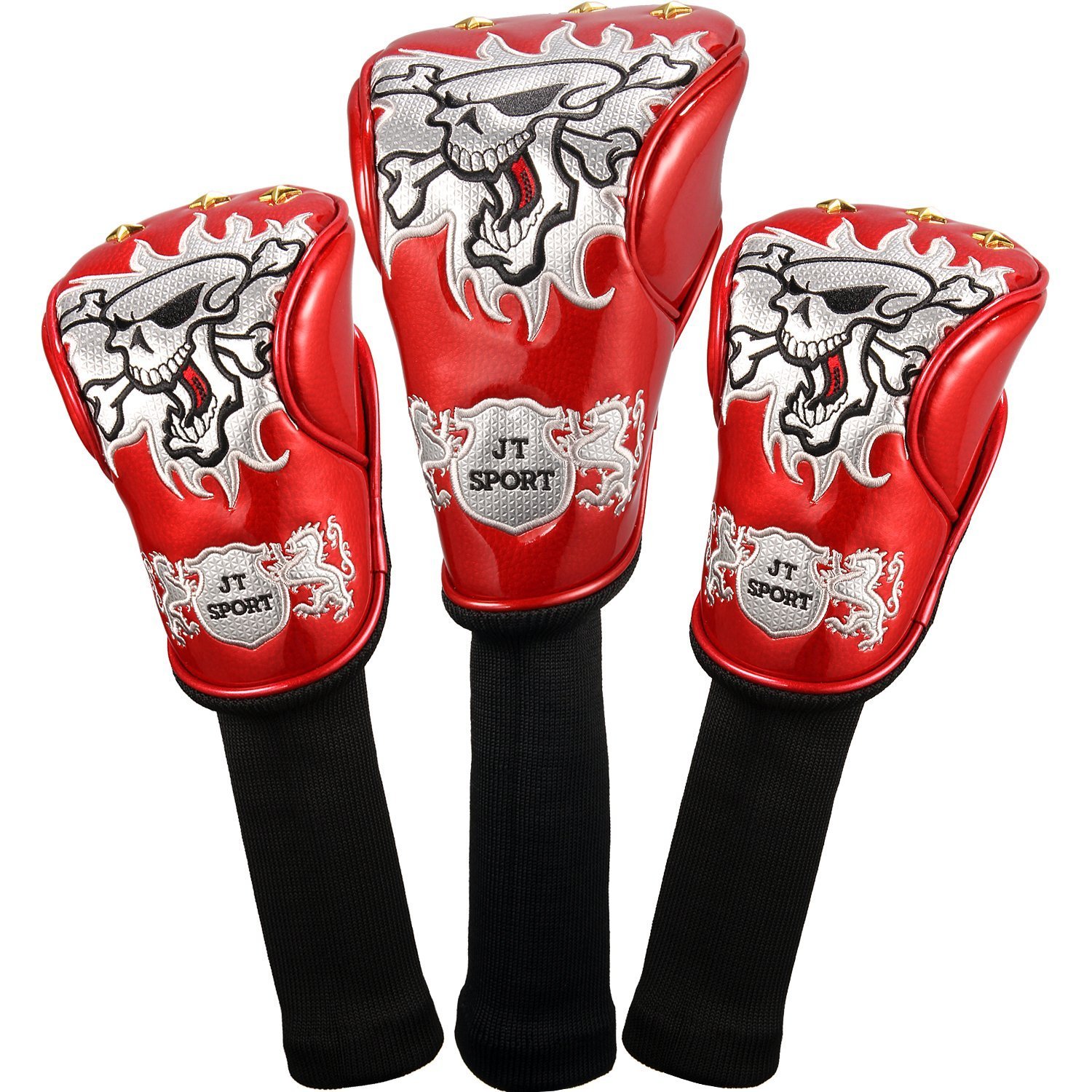 GOOACTION 3PCS/Set Skull Golf Head Covers for Driver and Fairway Woods Red Thick Crystal Leather Universal Golf Club Headcovers Protectors