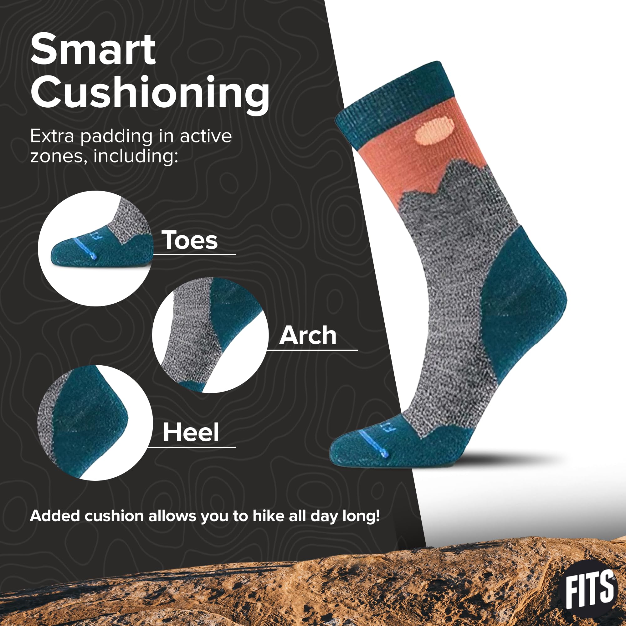 FITS Teton Light Hiker Crew Sock for Men and Women, Made with Merino Wool, Breathable, Odor Resistant and Durable, Chesnut/Stormy Weather, Large