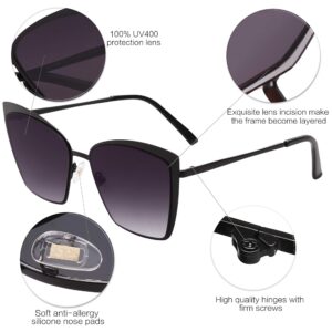 SOJOS Cateye Sunglasses for Women Fashion Mirrored Lens Metal Frame SJ1086 with Matte Black Frame/Gradient Grey Lens