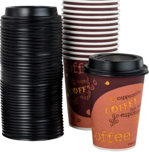 avant grub 100 pack 12 oz restaurant grade paper coffee drinking cup with recyclable dome lids. durable, bpa free disposable designer cups for hot drinks at kiosks, shops, cafes