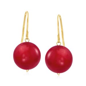 ross-simons 12mm red coral bead drop earrings in 14kt yellow gold