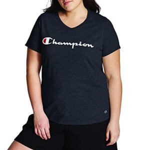 champion womens plus jersey v-neck tee, script logo t shirt, black-y07245, xx-large plus