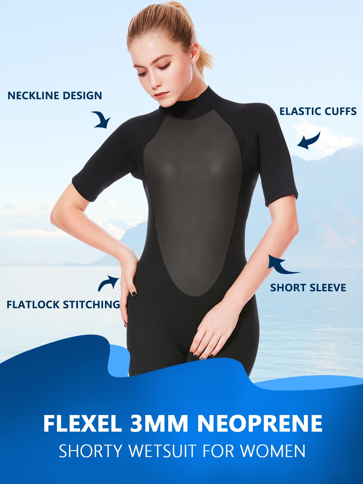 FLEXEL Shorty Wetsuit Women 3mm, Wet Suits for Mens in cold water, Neoprene Scuba Diving Suit for Surfing Swimming Snorkeling