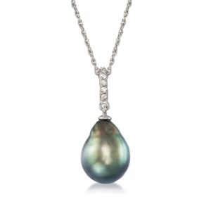 ross-simons 11-12mm black cultured tahitian pearl pendant necklace with .10 ct. t.w. diamonds in sterling silver. 18 inches