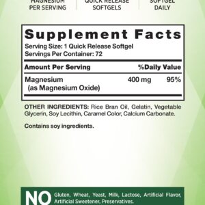 Magnesium | 400mg | 72 Softgels | Value Size | Extra Strength | from Magnesium Oxide | Non-GMO and Gluten Free Supplement | by Nature's Truth