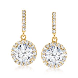 ross-simons 1.80 ct. t.w. cz halo drop earrings in 14kt yellow gold